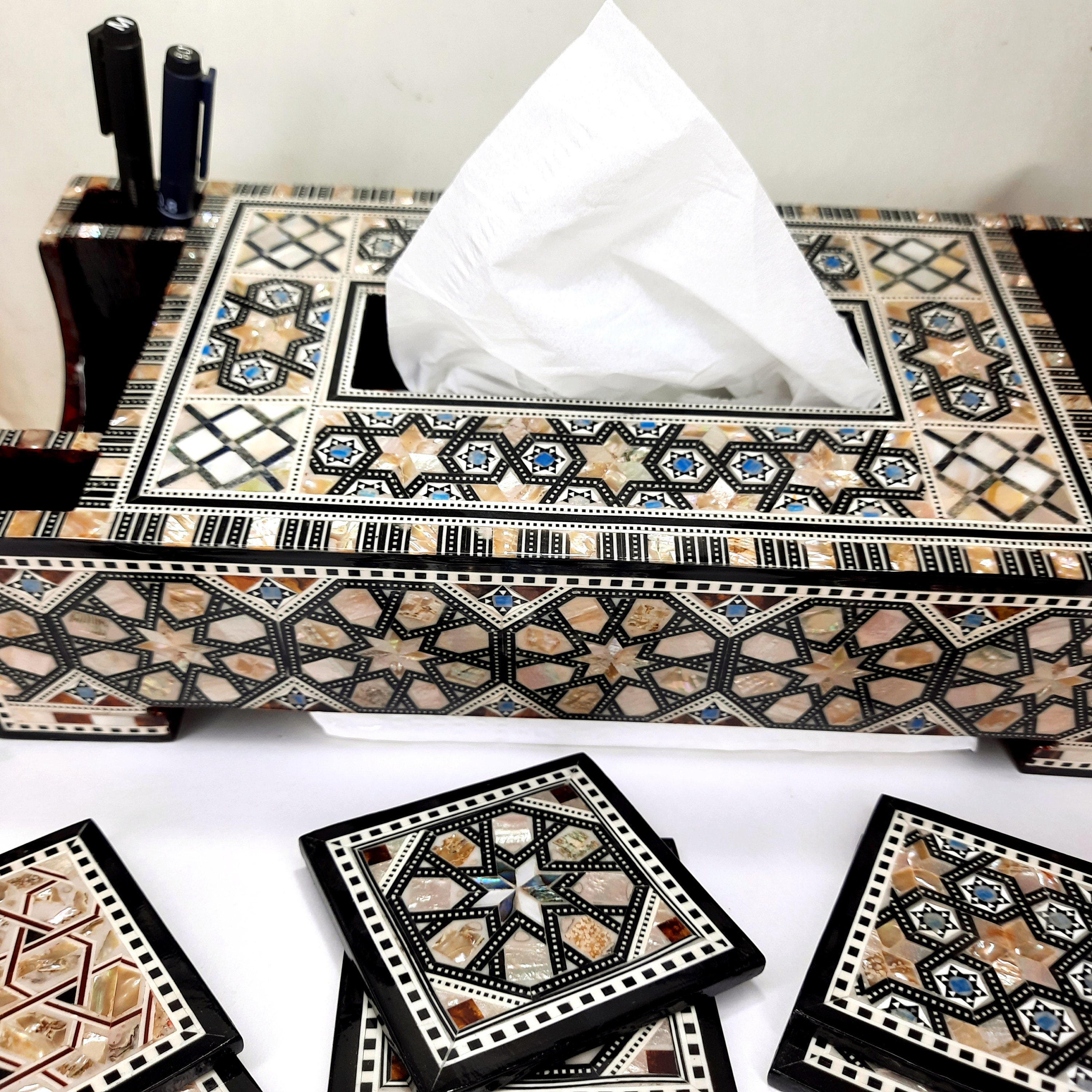 Handcrafted Egyptian Natural Mother of Pearl Inlaid Rectangular Wooden ...