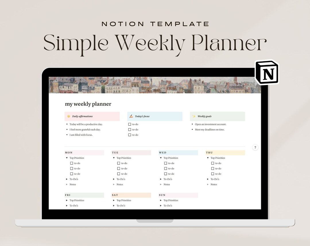 Weekly Planner Notion, Minimalist Weekly Notion Planner, Notion ...