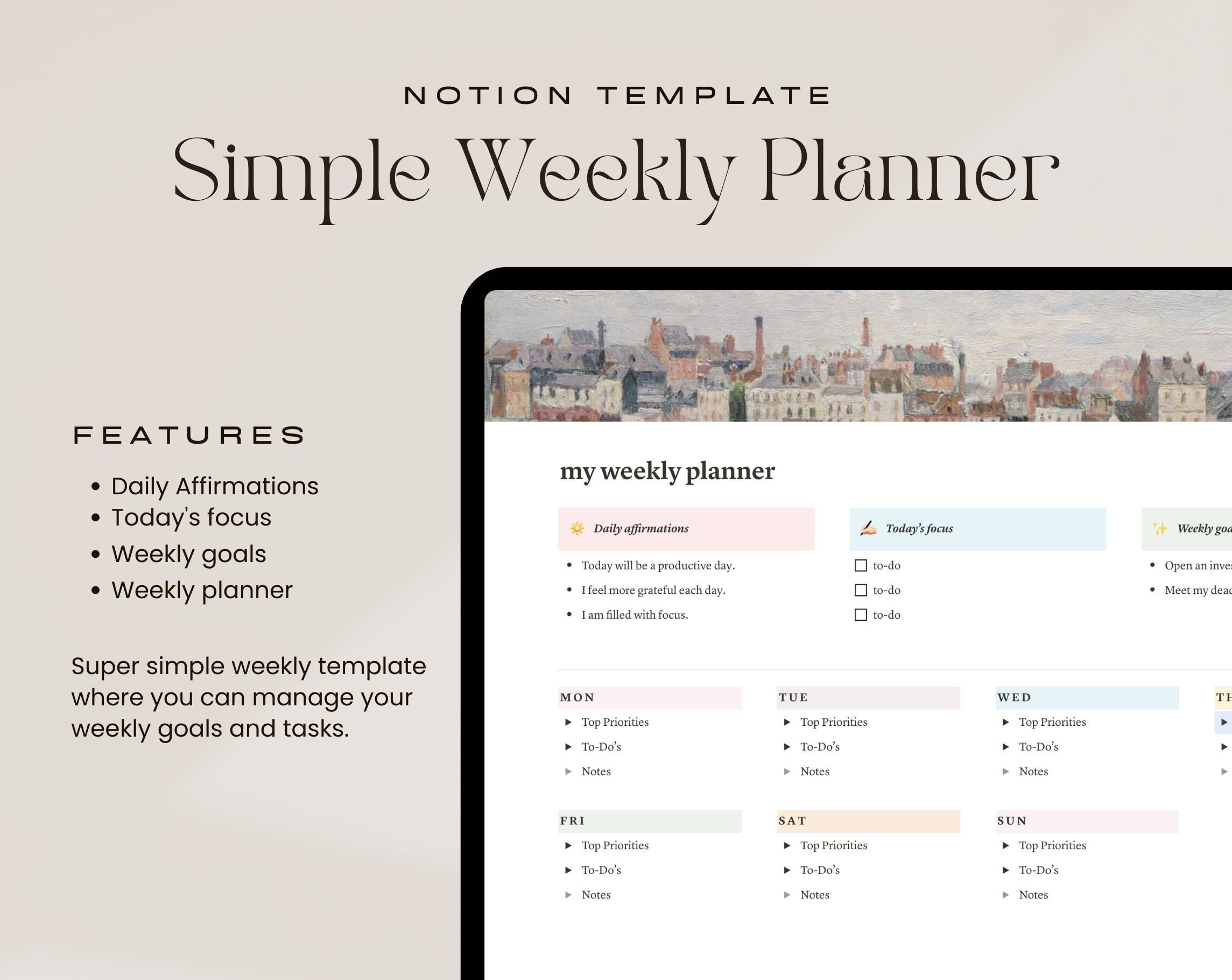 Weekly Planner Notion, Minimalist Weekly Notion Planner, Notion ...
