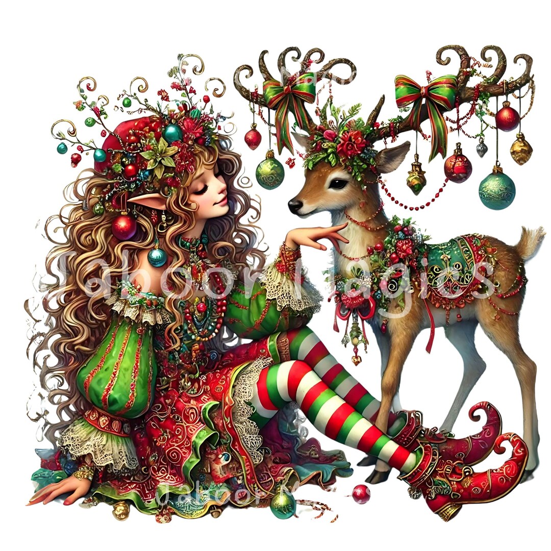 Christmas Elf Girl With Reindeer Clipart, 12 Festive Holiday Art, Cute ...