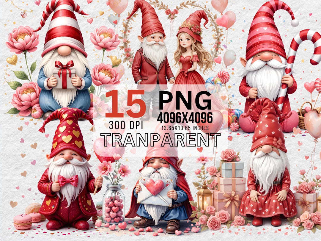15 Cute Watercolor Valentine Gnome Png, Gnome Valentines Png, Valentine ...