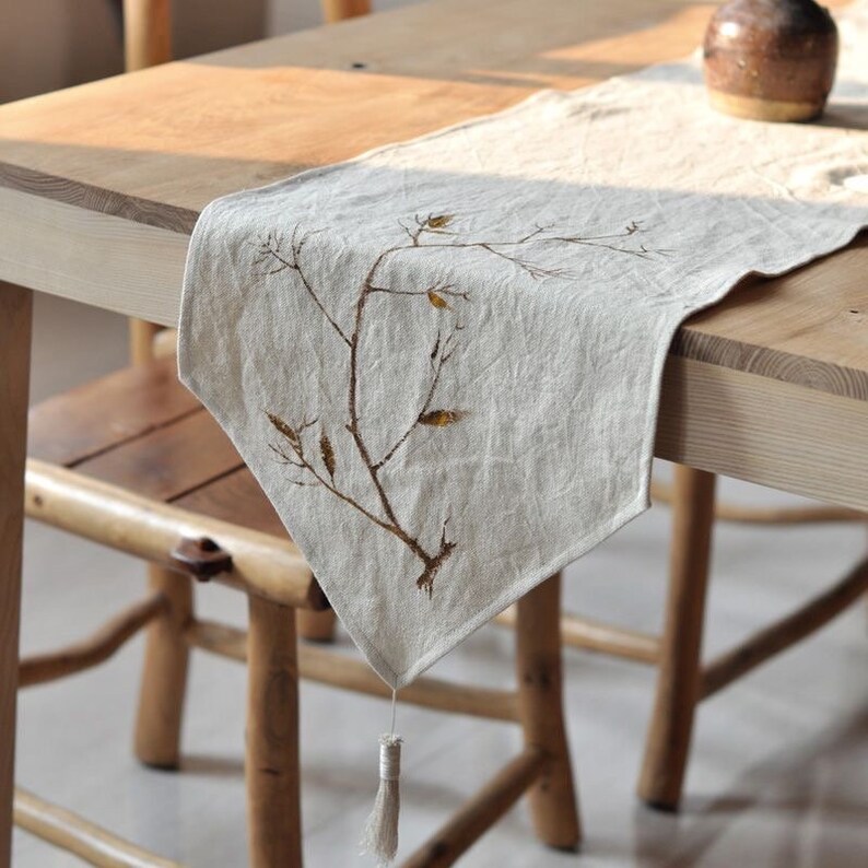 French Embroidered Rustic Linen Tea Table Runner With - Etsy
