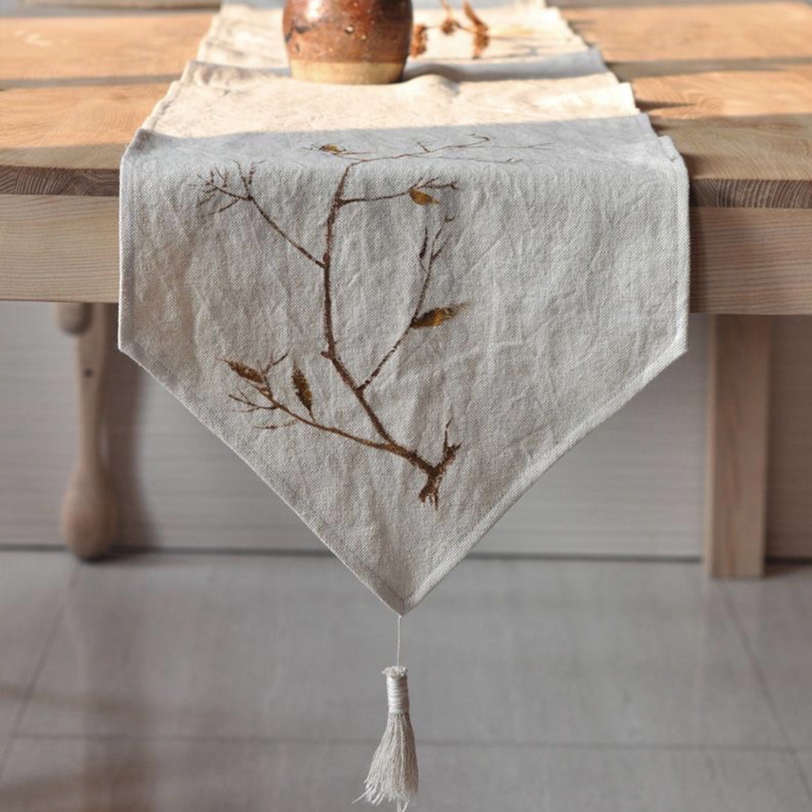 French Embroidered Rustic Linen Tea Table Runner With - Etsy