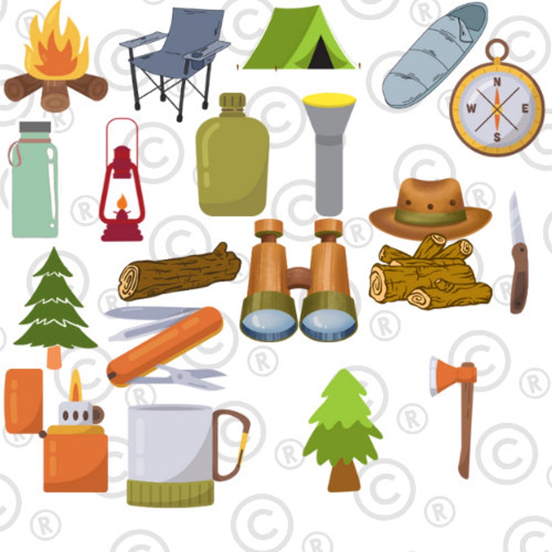Camping Clipart Set Torch, Lantern, Tent, Backpack, Camp, Clip Art Set ...