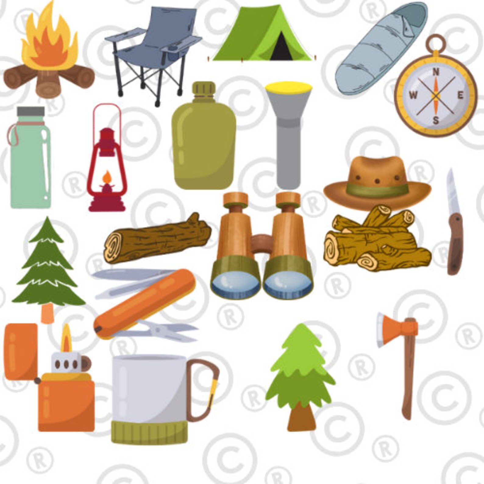 Camping Clipart Set Torch, Lantern, Tent, Backpack, Camp, Clip Art Set ...