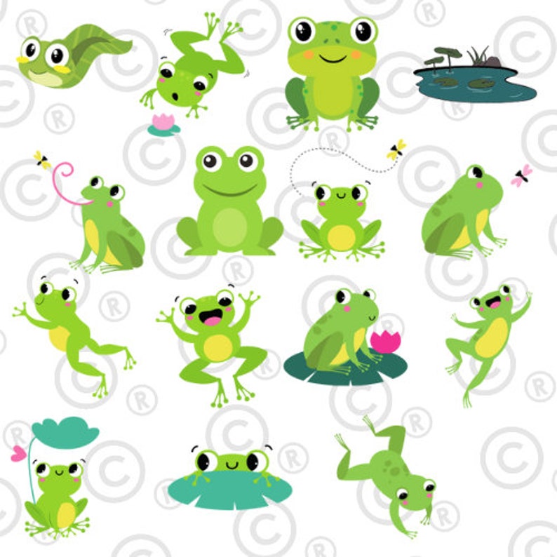 Frogs Clipart Set Clip Art Set of Frogs, Lilypads, Frog, Dragonflies ...