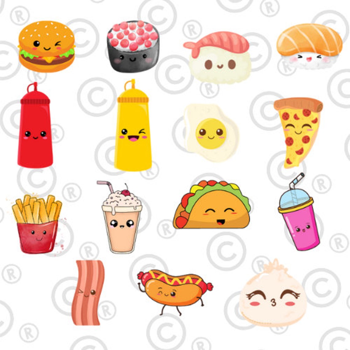 Cute Savory Food Collection Clipart Set of Happy Food, Avocado, Pizza ...