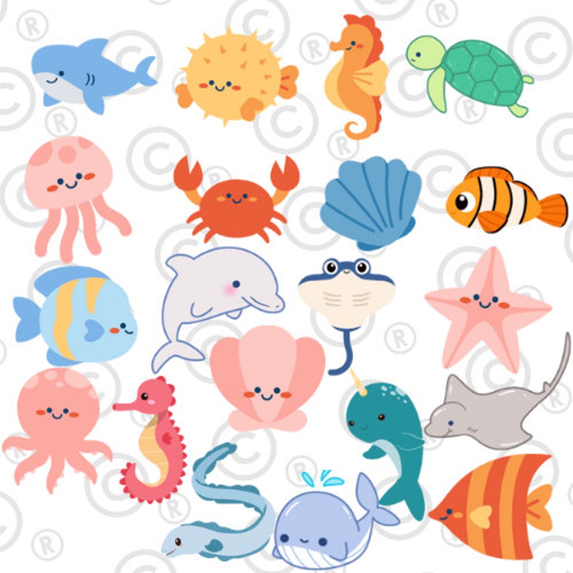 Sea Creatures Clipart Set Sea Animals Clip Art, Crab, Fish, Octopus ...