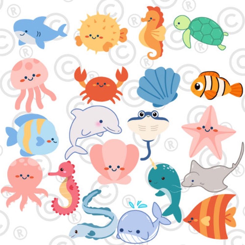 Sea Creatures Clipart Set Sea Animals Clip Art, Crab, Fish, Octopus ...