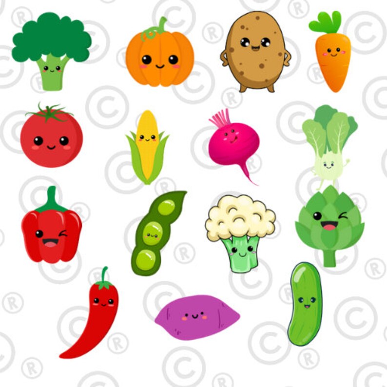 Cute Vegetables Clipart Clip Art Set of Carrot, Peas, Broccoli, Happy ...
