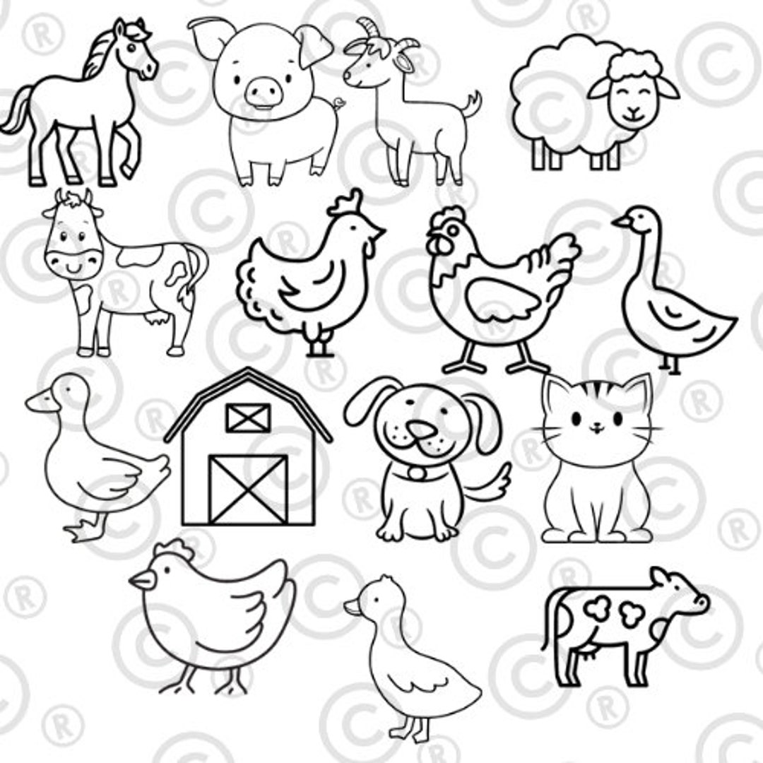 Farm Animals Digital Stamps Cute Animals Outlines, Line Art, Farm Digi ...
