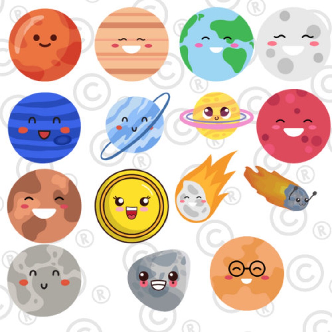 Cute Solar System Clipart Planets Clip Art Set, Space, Earth, Moon ...