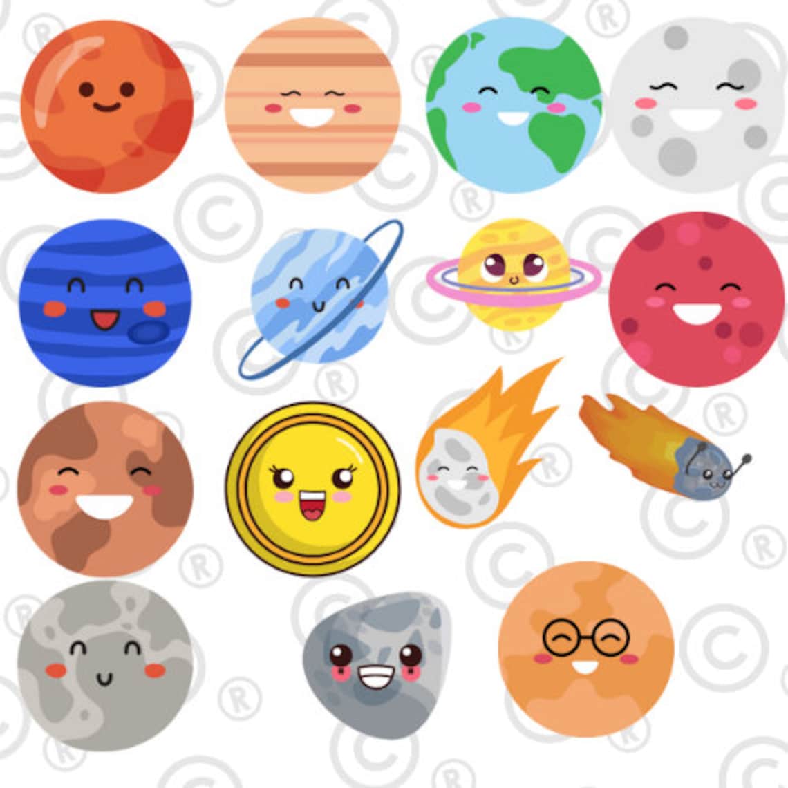 Cute Solar System Clipart Planets Clip Art Set, Space, Earth, Moon ...