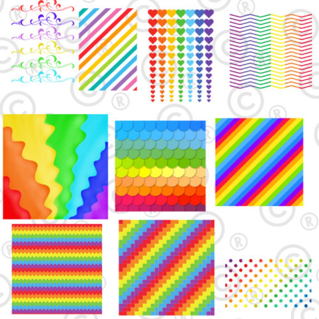 Rainbow Digital Paper Set Stripe, Polka, Chevron, Arrow, Scallop ...