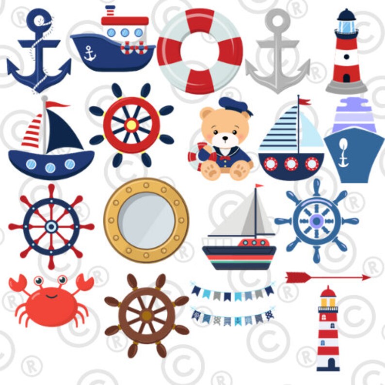 Nautical Clipart Set Ocean Clip Art, Crab, Lighthouse, Sea, Borders ...