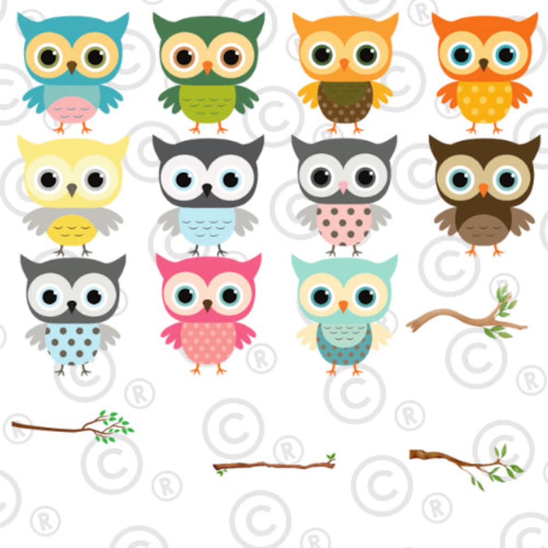 Owls and Branches Clipart Set clip art set of owls, branches Instant ...