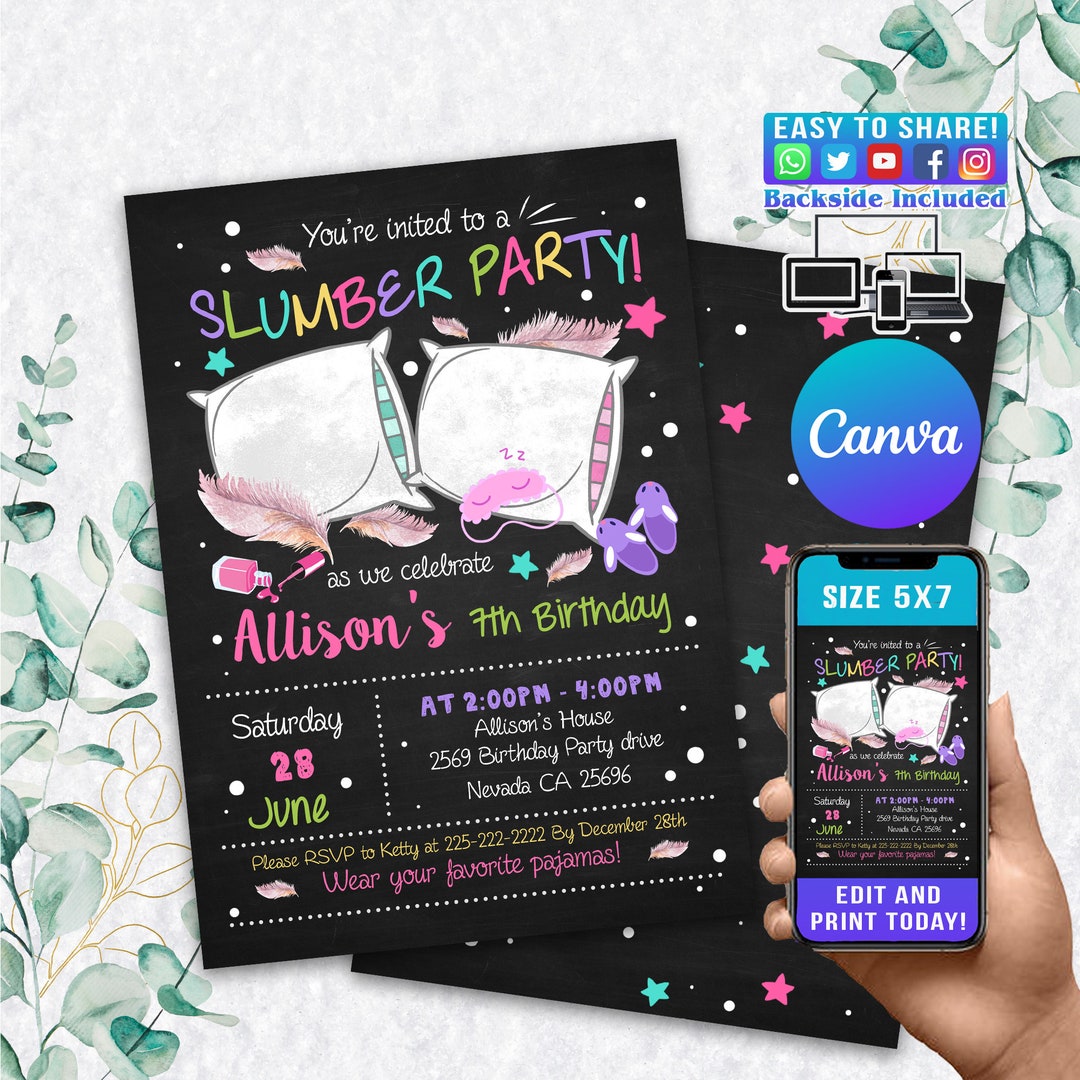 Editable Slumber Birthday Party Invitation Sleepover Birthday Party ...