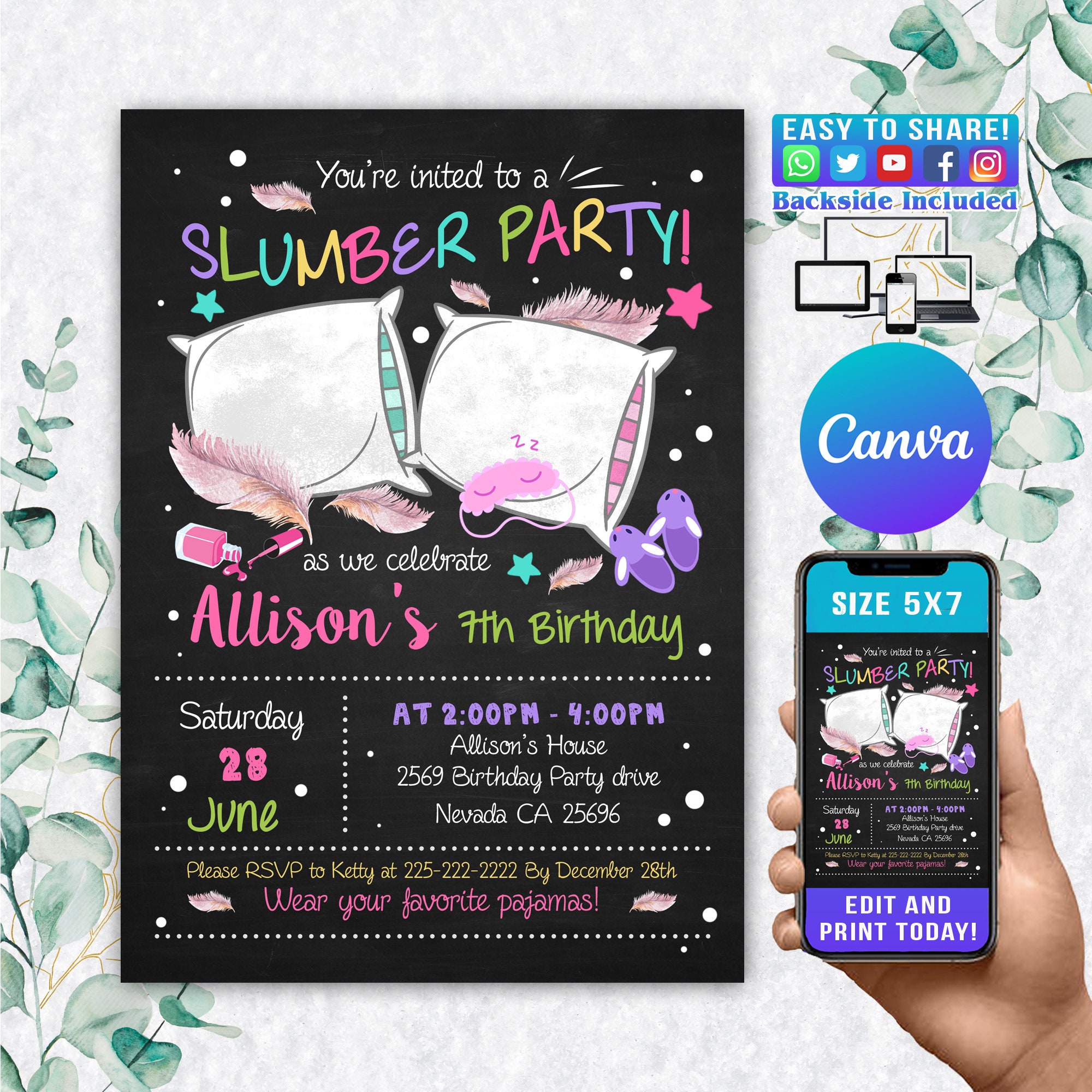 Editable Slumber Birthday Party Invitation Sleepover Birthday Party ...