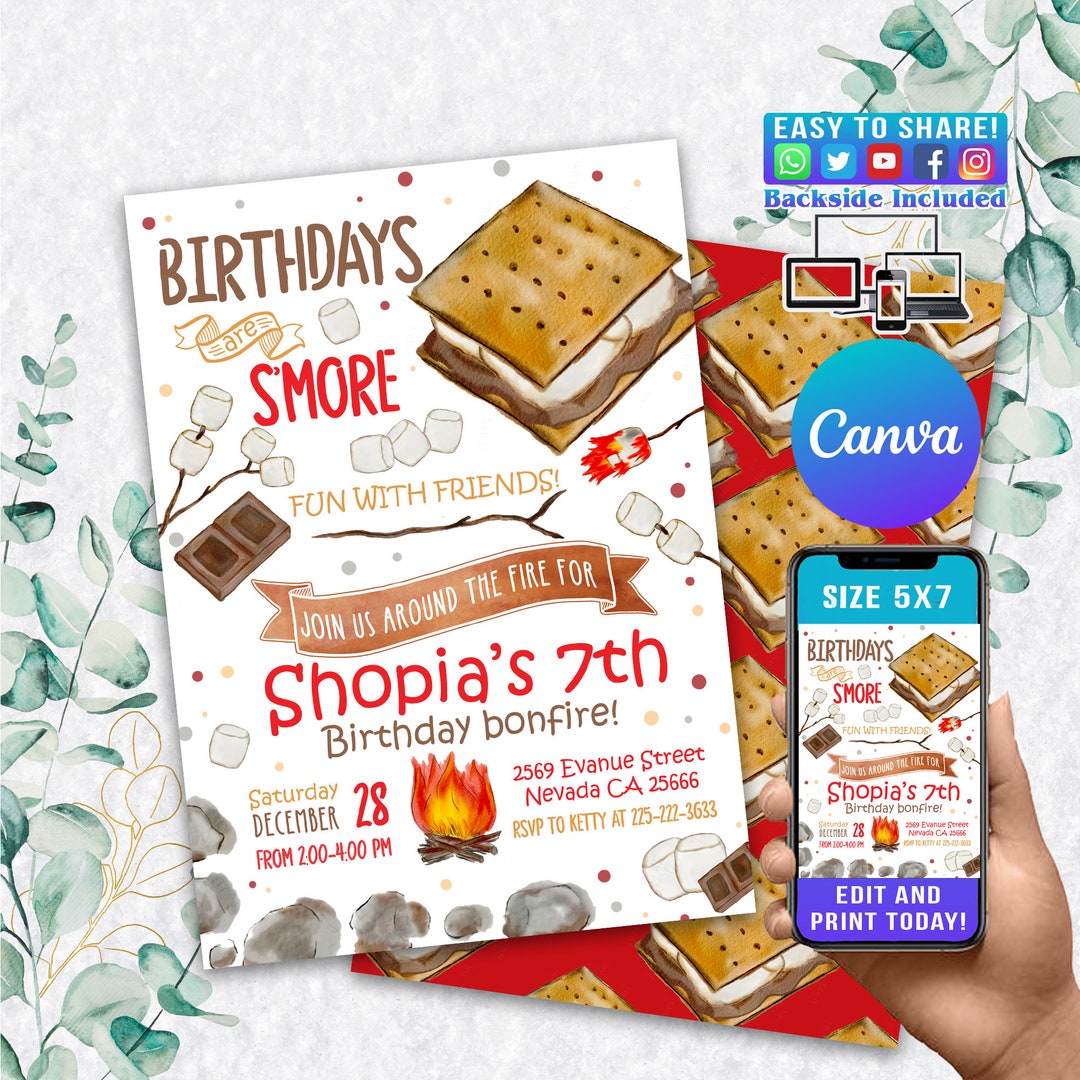 EDITABLE Smores Birthday Invitation S'mores Bonfire Birthday Invite Backyard Camping S'mores Fun ...