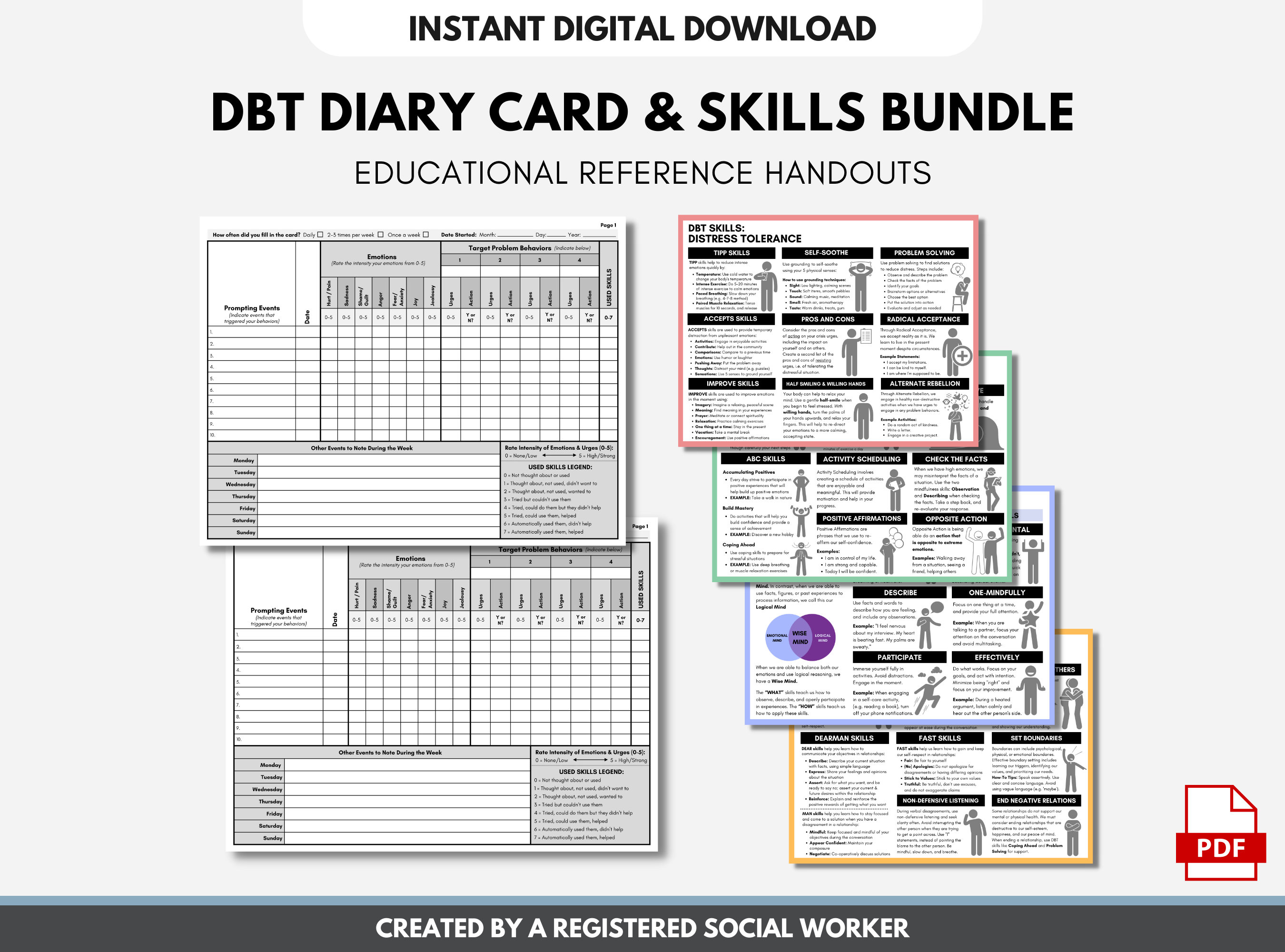 DBT Bundle, DBT Diary Card, DBT Therapy Skills, Dialectic Behavioral ...