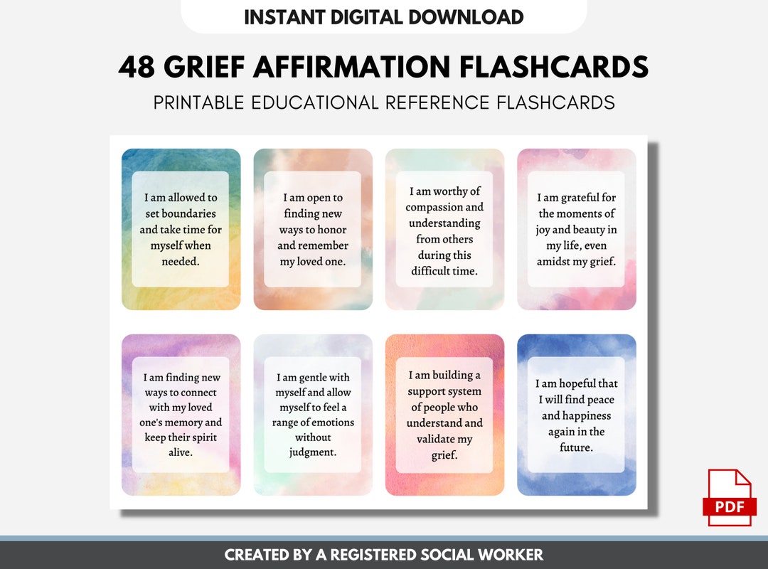 Grief Affirmation Flashcards, Grief and Loss Worksheets, Grief Coping ...