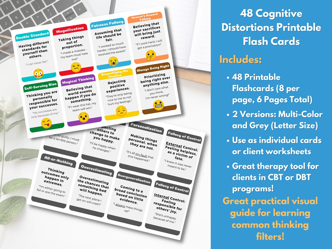 48 Cognitive Distortions Flash Cards, Thinking Errors Worksheets ...