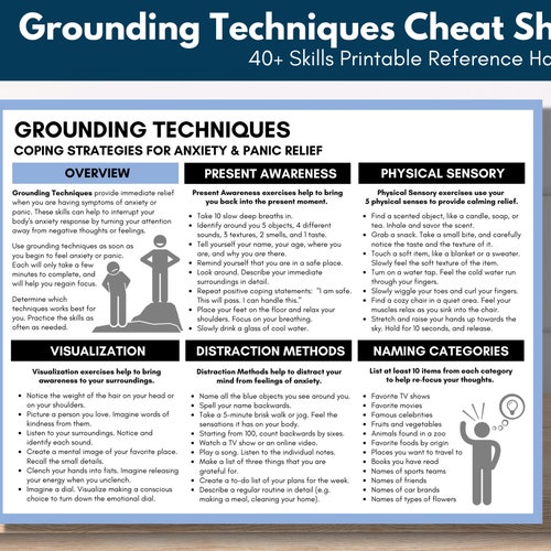Grounding Techniques Cheat Sheet Coping Strategies Anxiety - Etsy