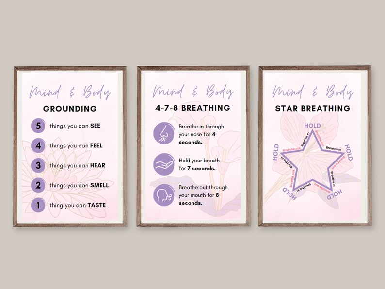 Grounding Techniques Poster Set: Anxiety Relief, Breathing Exercises ...