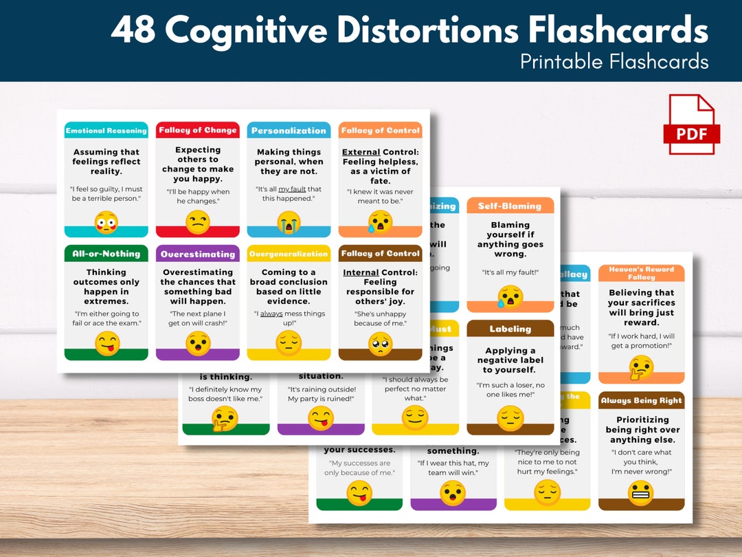 48 Cognitive Distortions Flash Cards, Thinking Errors Worksheets ...