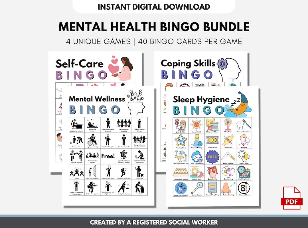 Mental Health BINGO Game Bundle, Includes 4 Games: Self-care, Coping ...