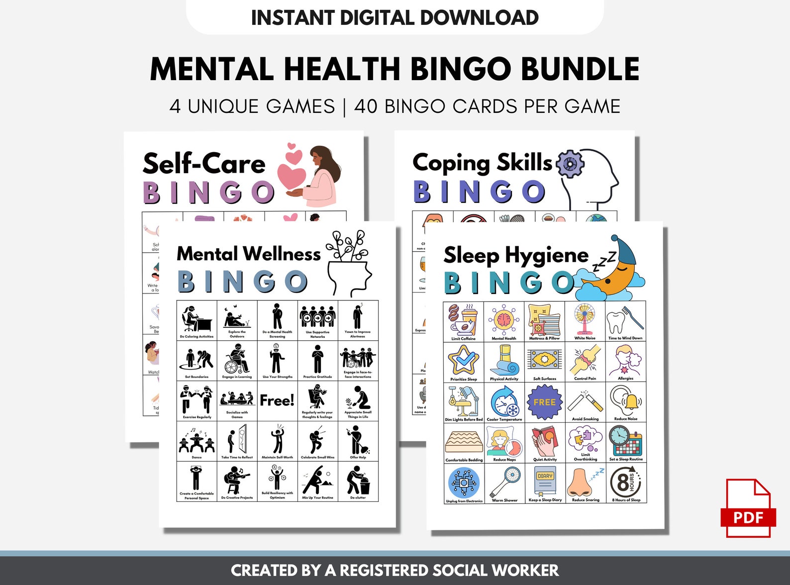 Mental Health BINGO Game Bundle, Includes 4 Games: Self-care, Coping ...