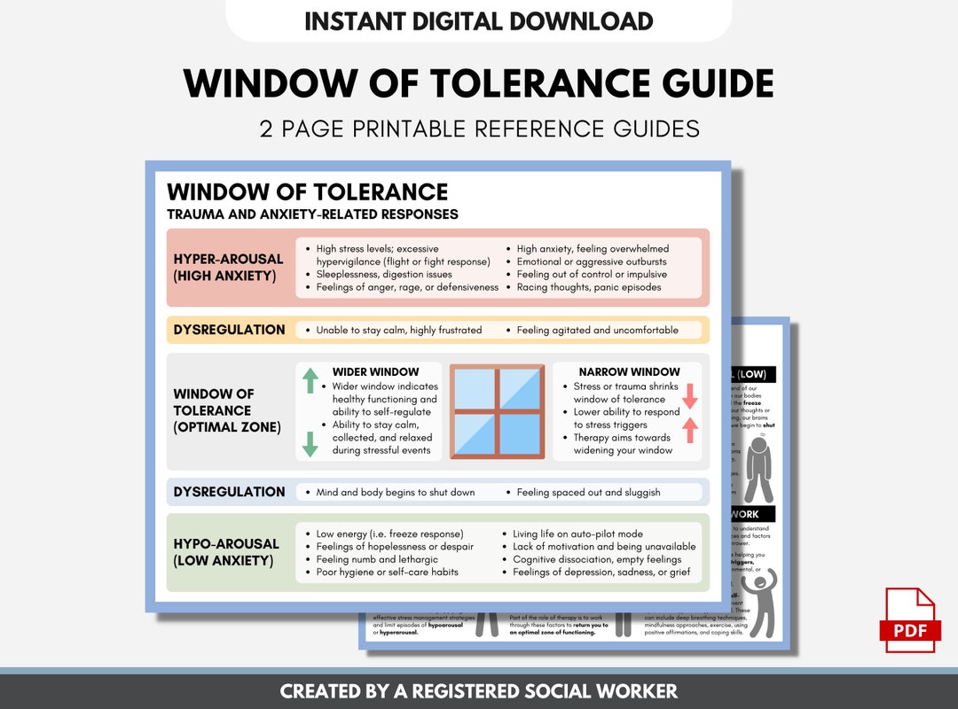 Window of Tolerance Guide, Anxiety and Trauma Psychology Worksheet ...