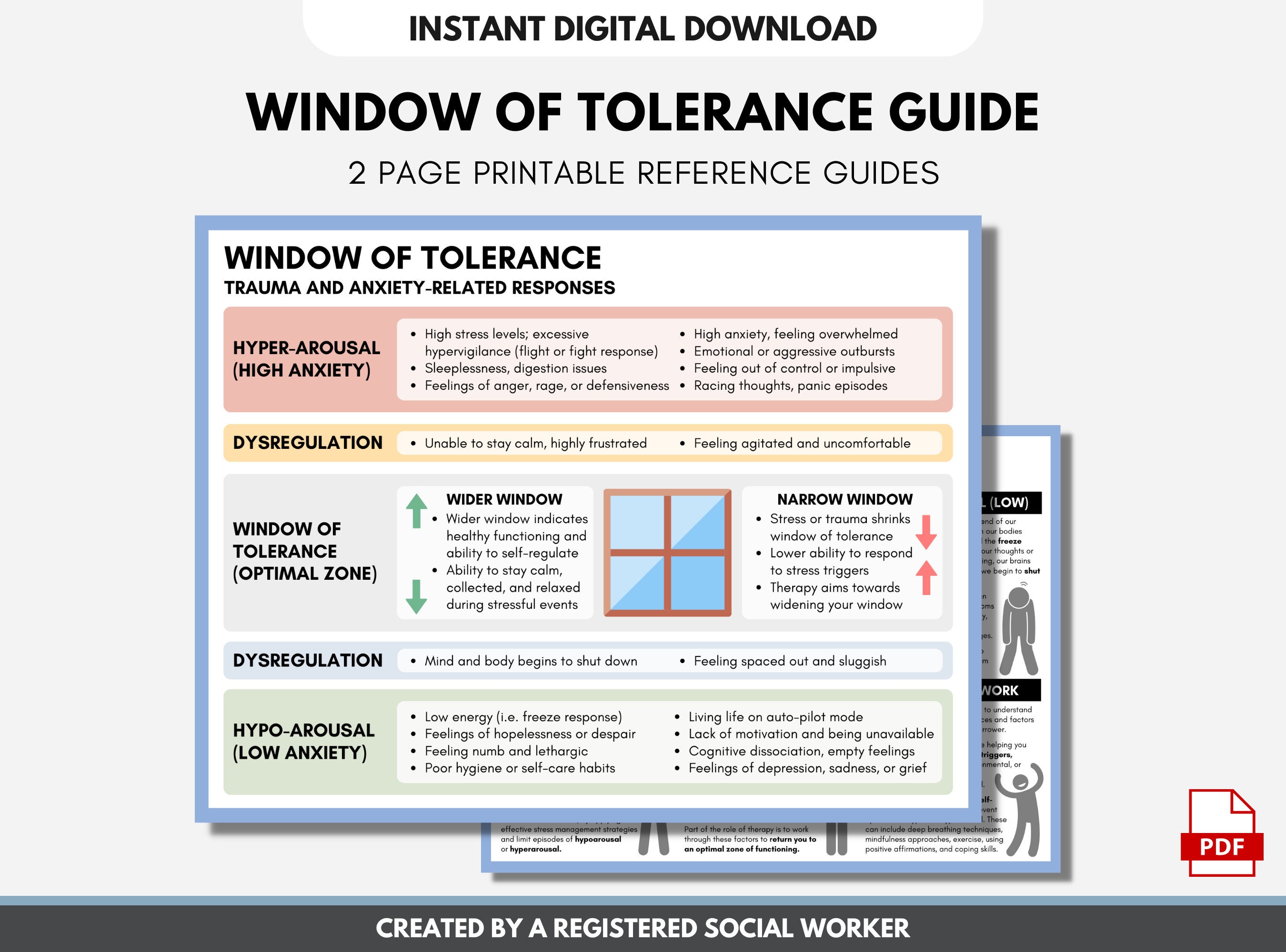 Window of Tolerance Guide, Anxiety and Trauma Psychology Worksheet ...
