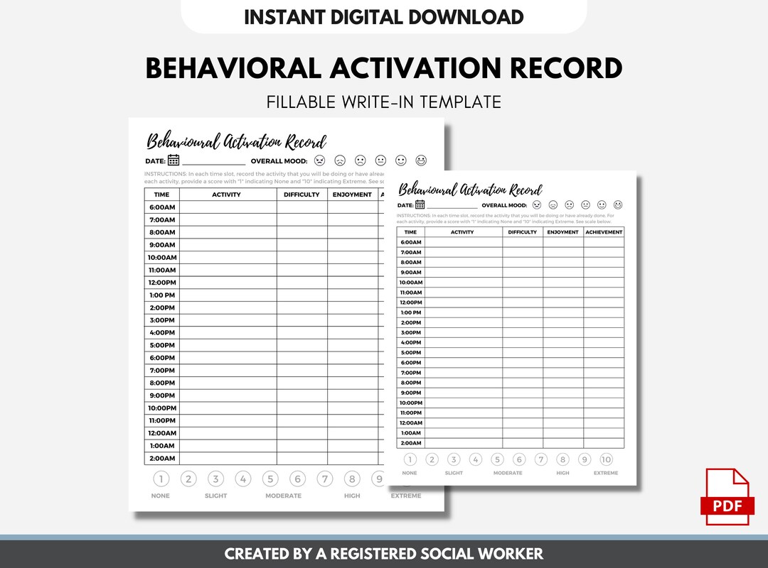 Behavioral Activation Record, Emotional Regulation, CBT, DBT, Therapy ...