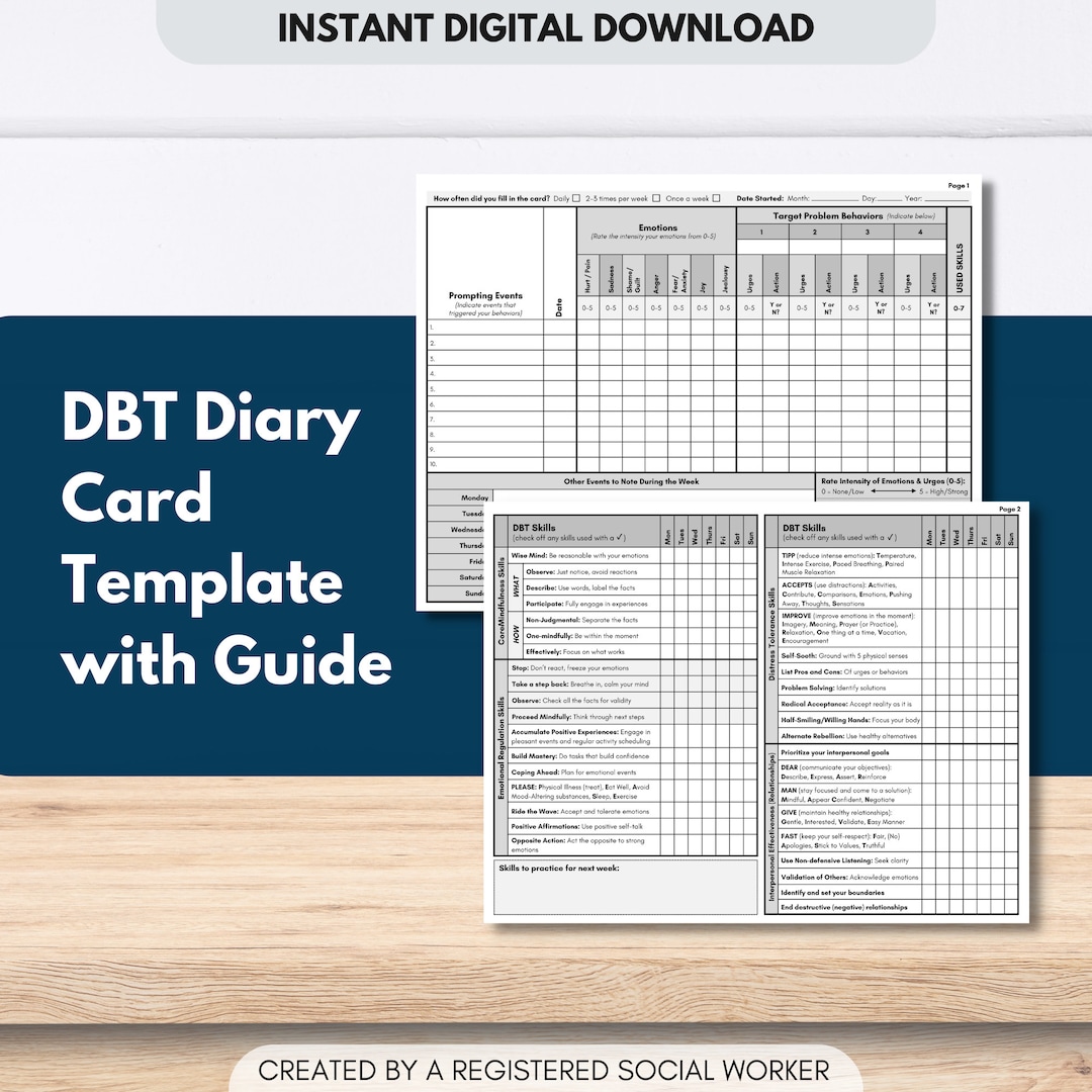 DBT Diary Card, Dialectical Behavior Therapy, Skills Tracker Worksheet ...