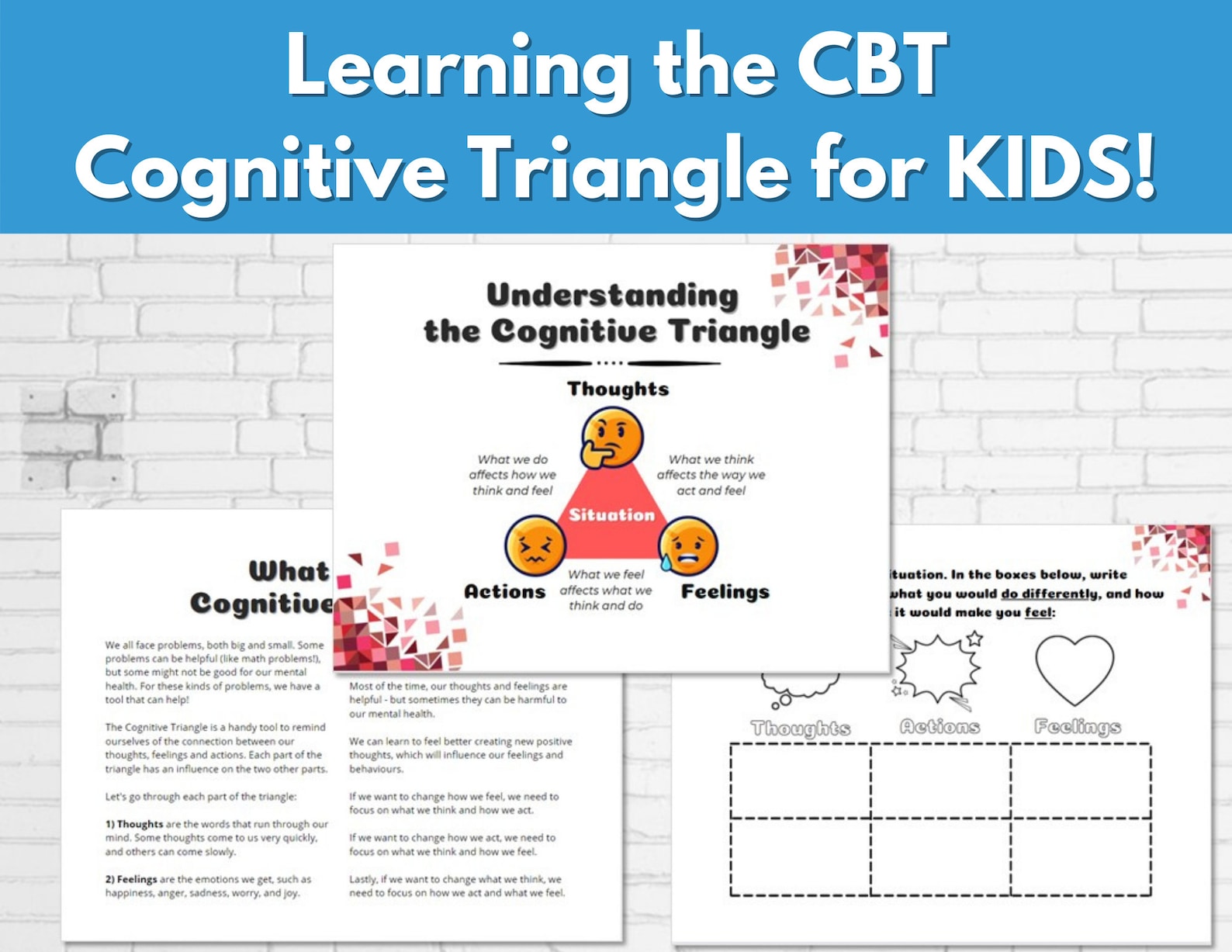 CBT Cognitive Triangle Anxiety Worksheets for Kids: Thoughts | Etsy