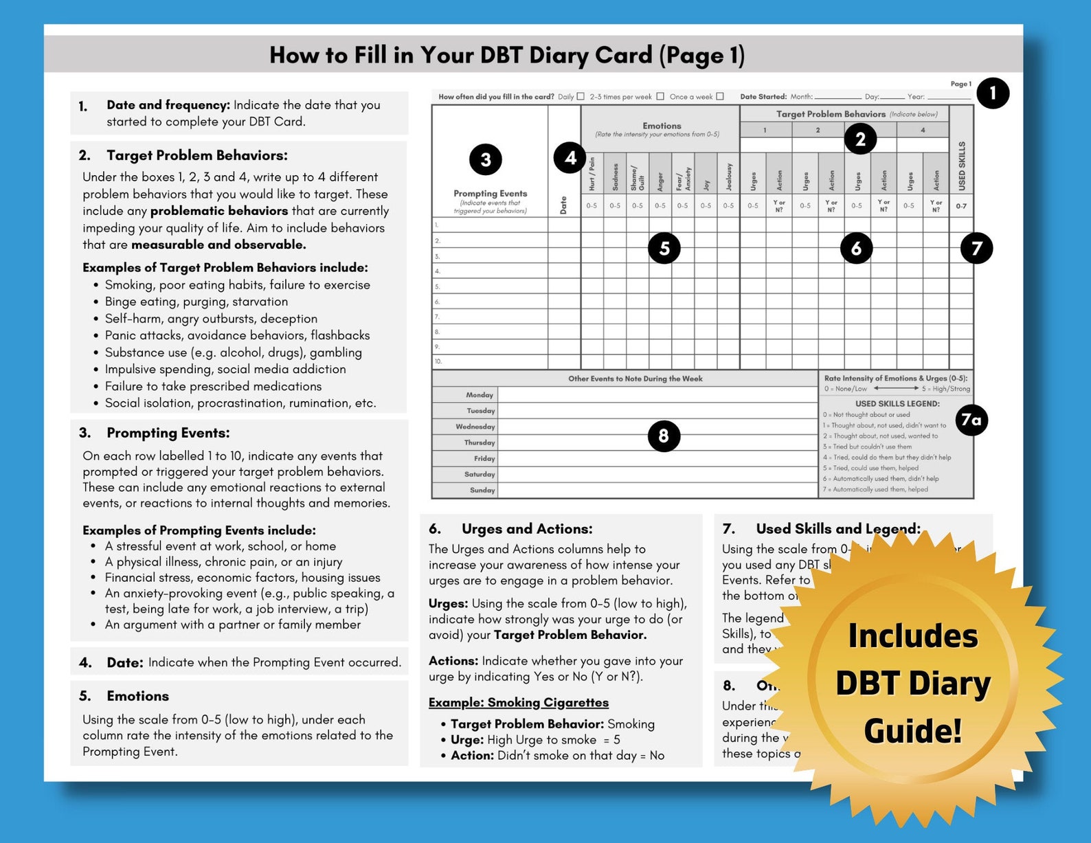 DBT Diary Card, Dialectical Behavior Therapy, Skills Tracker Worksheet ...