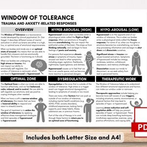 Window of Tolerance Guide, Anxiety and Trauma Psychology Worksheet ...