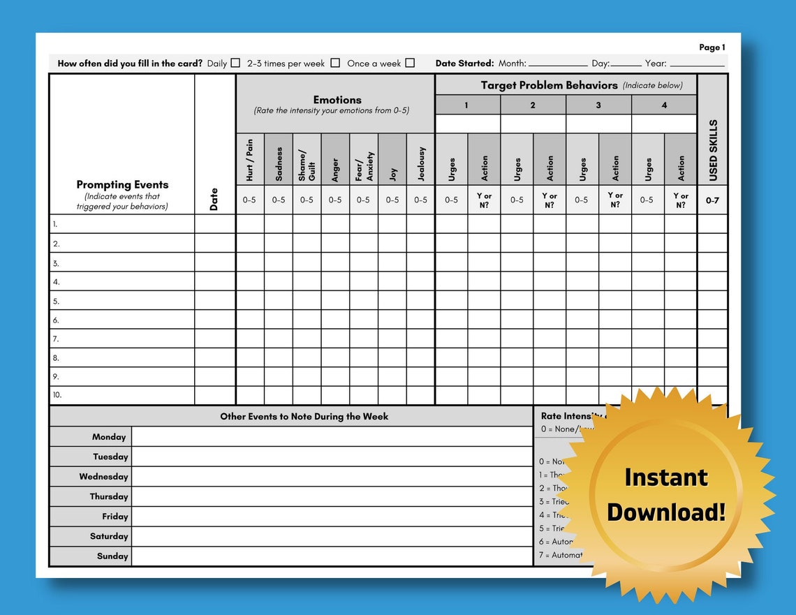 DBT Diary Card, Dialectical Behavior Therapy, Skills Tracker Worksheet ...