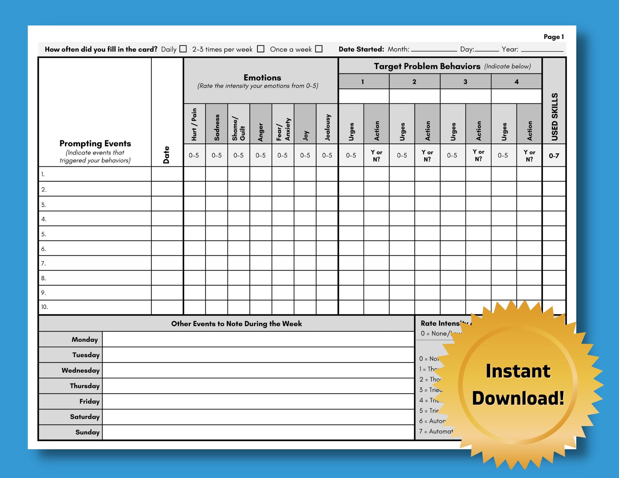 DBT Diary Card, Dialectical Behavior Therapy, Skills Tracker Worksheet ...