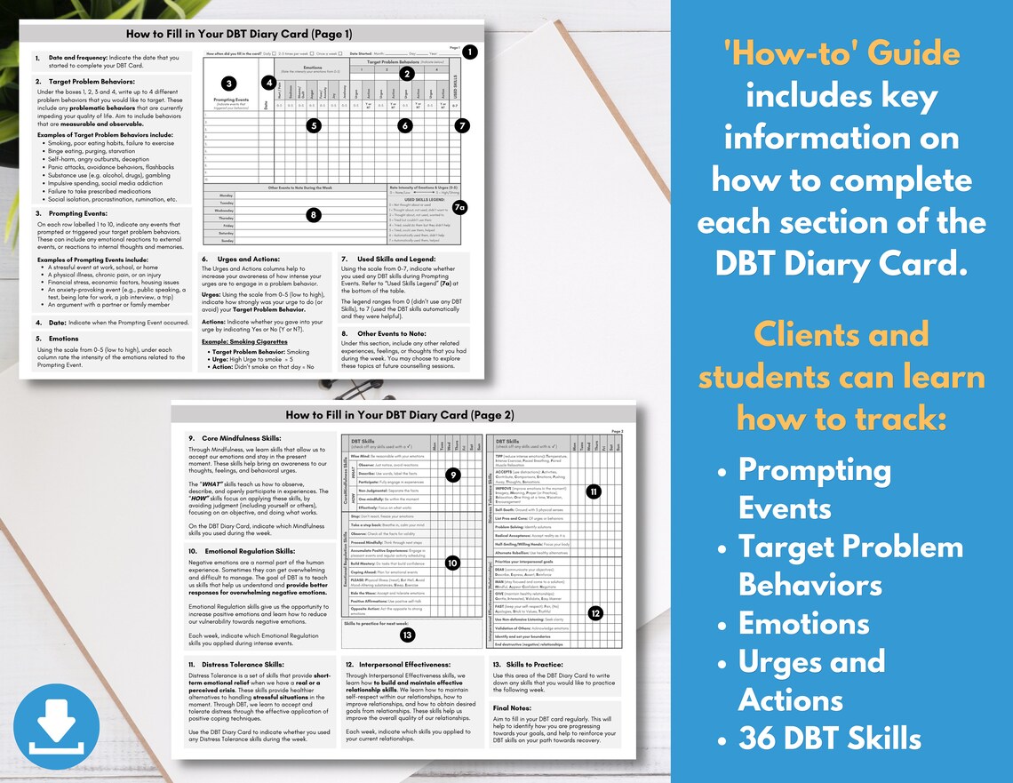 DBT Diary Card Dialectical Behavior Therapy Skills Tracker - Etsy