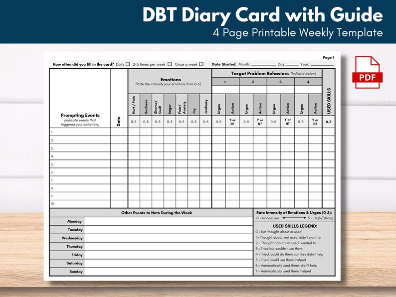 DBT Diary Card Dialectical Behavior Therapy Skills Tracker - Etsy
