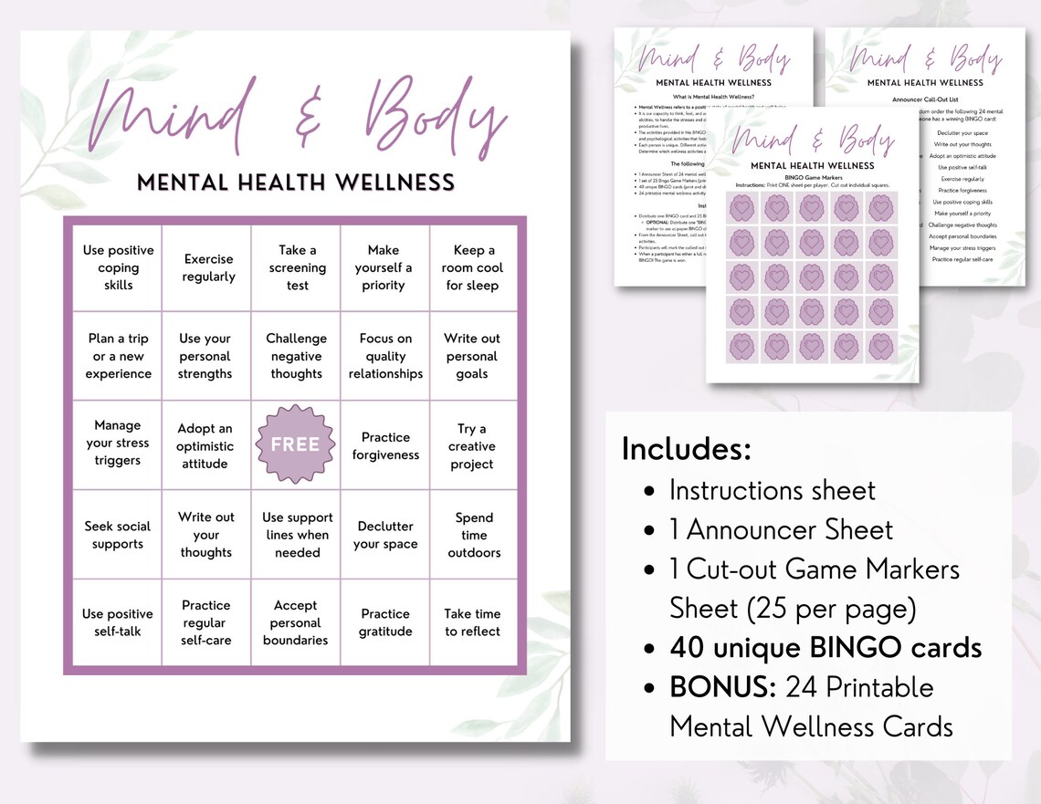 Mental Health BINGO Game Kit, Wellness Activity, Self-care Learning ...