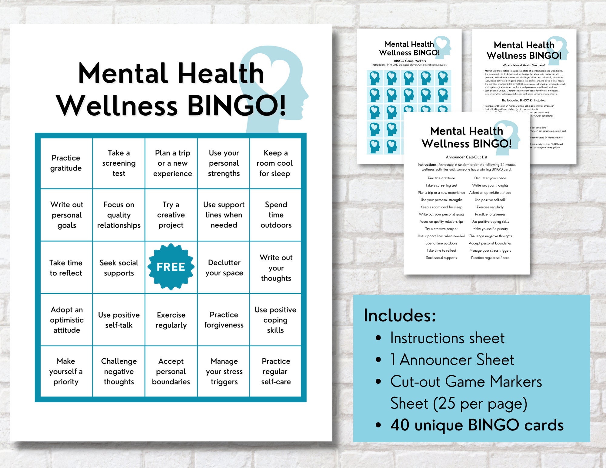 Mental Health BINGO Game Kit, Wellness, Well-being Activity, Student, Workplace, Counselor ...
