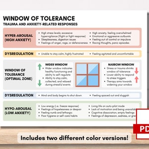 Window of Tolerance Guide, Anxiety and Trauma Psychology Worksheet ...