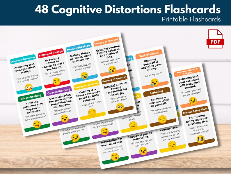 48 Cognitive Distortions Flash Cards Thinking Errors - Etsy