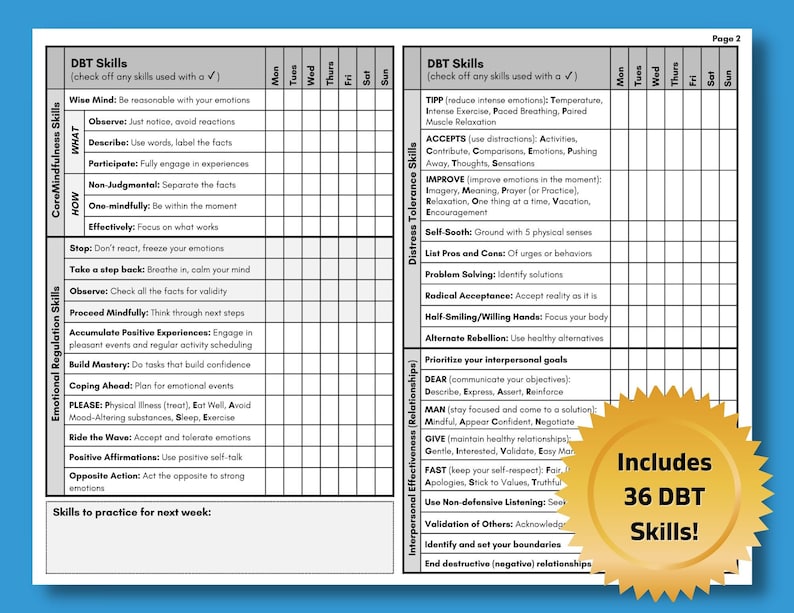DBT Diary Card, Dialectical Behavior Therapy, Skills Tracker Worksheet ...