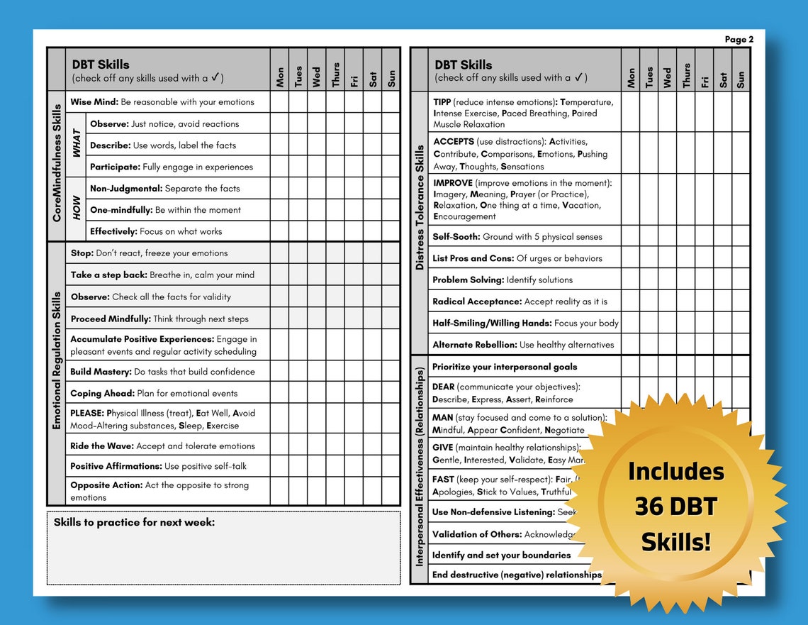 DBT Diary Card Dialectical Behavior Therapy Skills Tracker - Etsy
