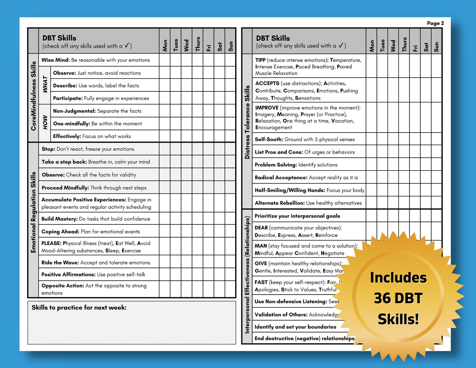 DBT Diary Card Dialectical Behavior Therapy Skills Tracker - Etsy