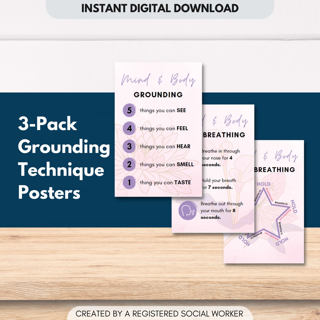 Grounding Techniques Print, Anxiety and Stress Relief, Breathing ...
